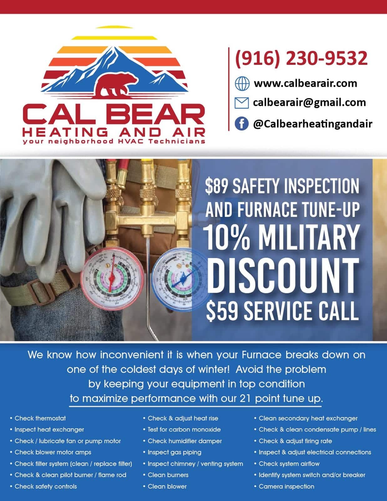Take advantage of our $89 21 point furnace safety inspection and tune ...